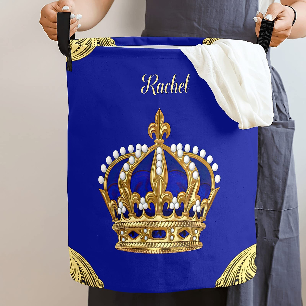 Jewelry Prince Crown Blue Personalized Laundry Basket Clothes Hamper Storage Handle Waterproof, Custom Collapsible Large Capacity , for Bedroom Bathroom Toy Decoration
