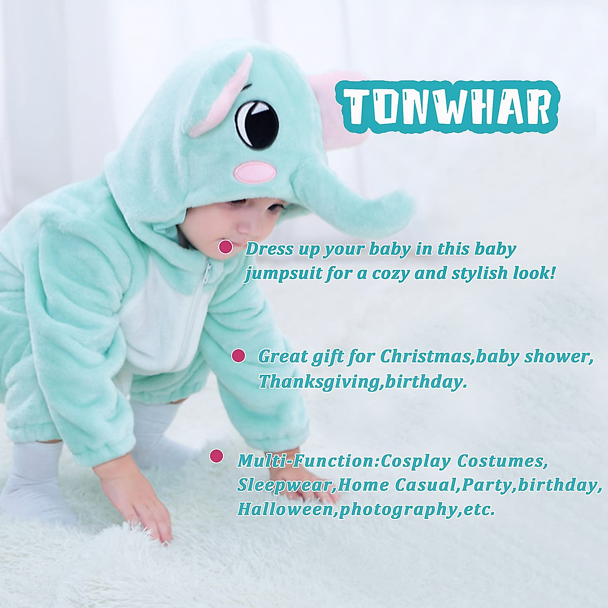 TONWHAR Kids' And Toddlers' Infant Tiger Dinosaur Animal Fancy Dress Costume Outfit Hooded Romper Jumpsuit (18-24 Months/Height:32"-35",Elephant)
