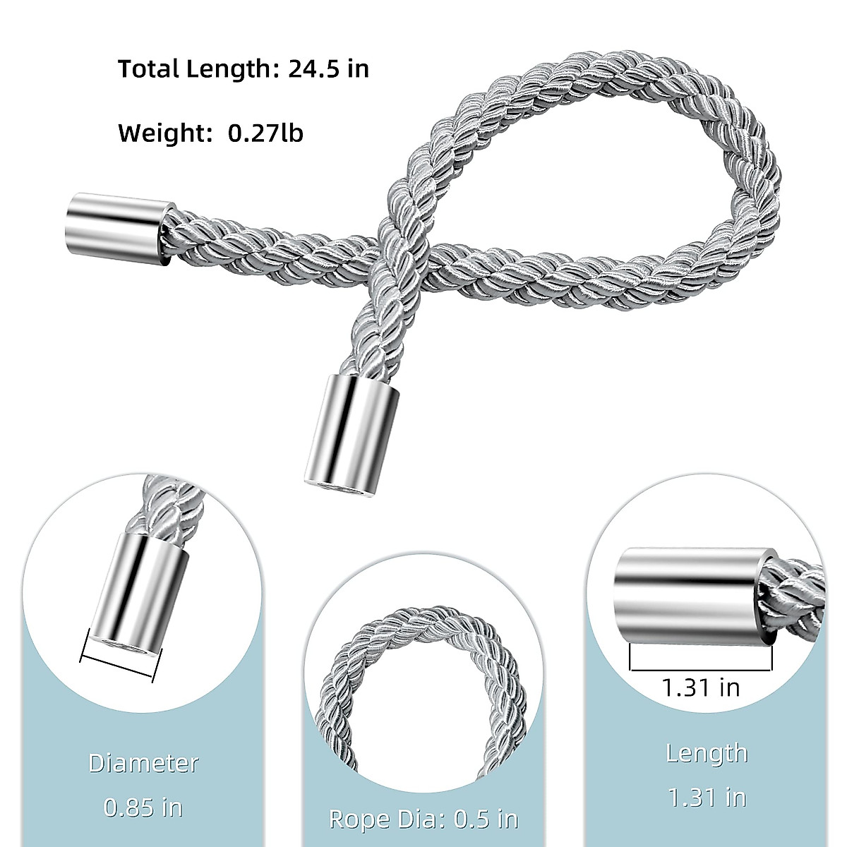 VIKIMORA 2 Pack Curtain Tiebacks for Draperys Gray, Strong Magnetic Curtain Tie Backs,Curtain Holders for Thick Drapes,Gray Cotton Rope Tie Backs for Heavy Duty Drapes,Gray