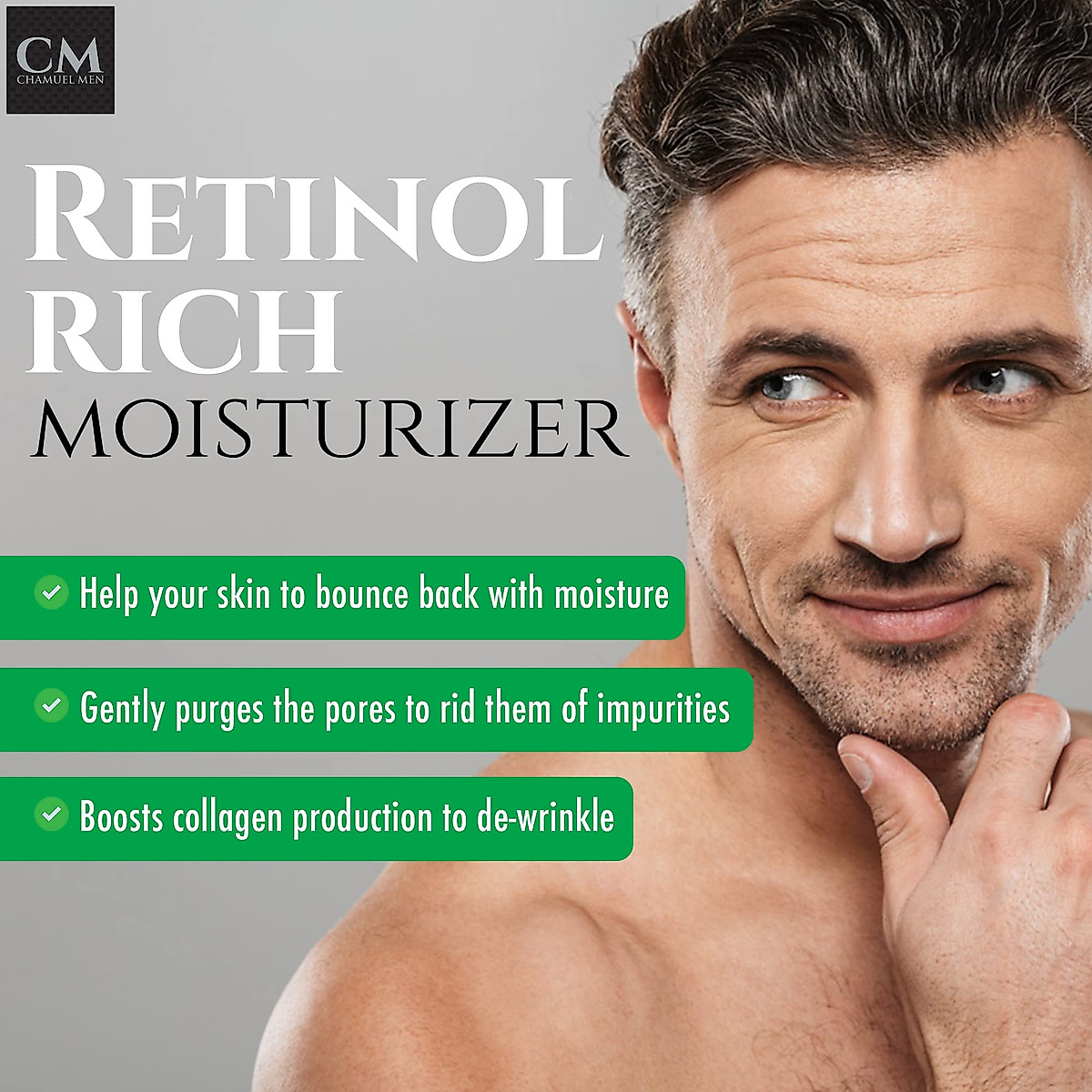 CHAMUEL MEN Daily Face Cream for Men with 2.5% Retinol Anti-Aging Moisturizer for Fine Lines, Dark Spots, and Wrinkles - Overnight Lotion