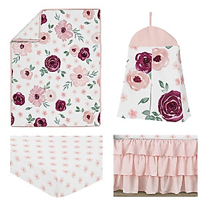 Sweet Jojo Designs Burgundy Watercolor Floral Baby Girl Nursery Crib Bedding Set - 4 Pieces - Blush Pink, Maroon, Wine, Rose, Green and White Shabby Chic Flower Farmhouse