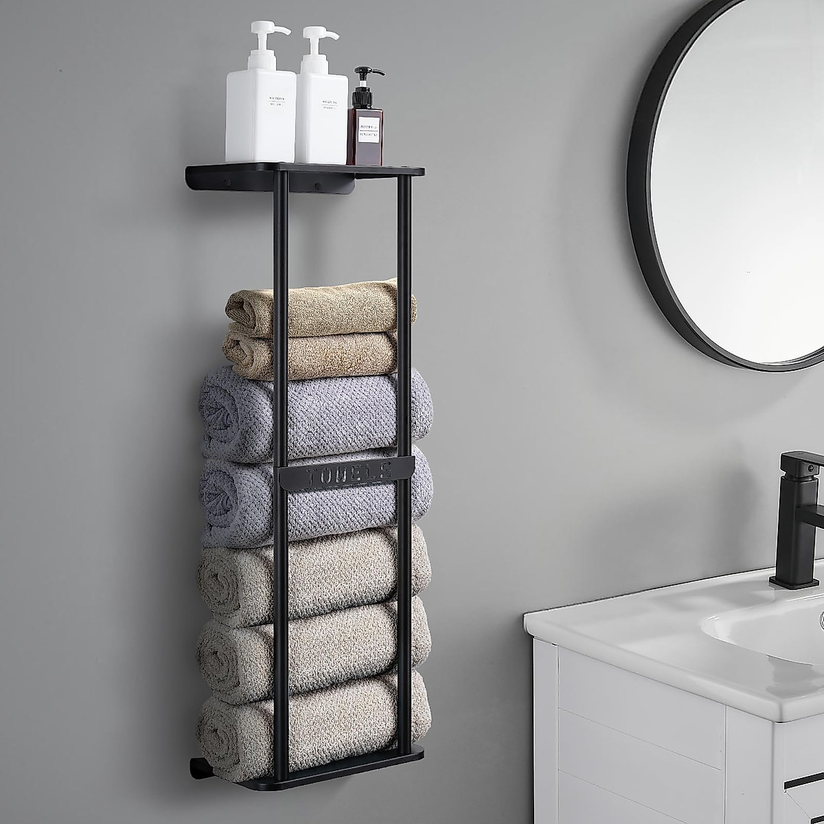 ULUPJ Wall-Mounted Towel Racks for Bathroom, Matte Black 31.5 Inch Towel Storage Rack - 7 Large Rolled Towels Holder, Space-Saving, Top Shelf for Additional Storage