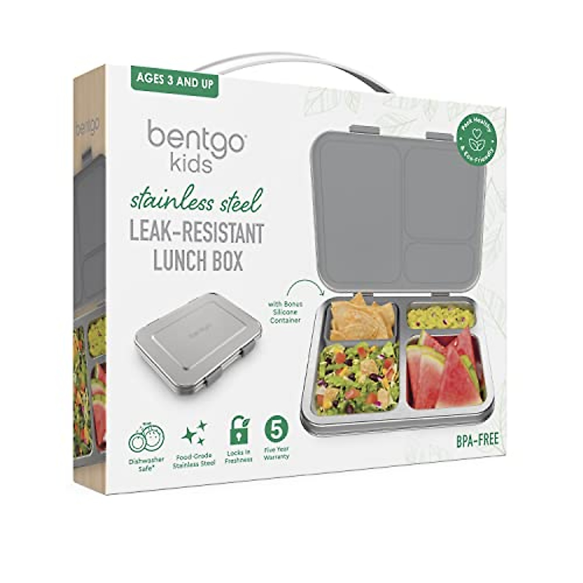 Bentgo® Kids Stainless Steel Leak-Resistant Lunch Box - Bento-Style Redesigned in 2022 w/Upgraded Latches, 3 Compartments, & Extra Container - Eco-Friendly, Dishwasher Safe, Patented Design (Silver)