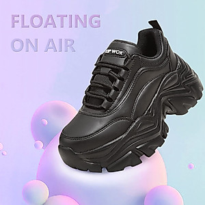 K KIP WOK Chunky Sneakers for Women Fashion Platform White Leather Casual Dad Shoes Comfortable Wedge Walking Sport Sneakers(Black,11B(M) US