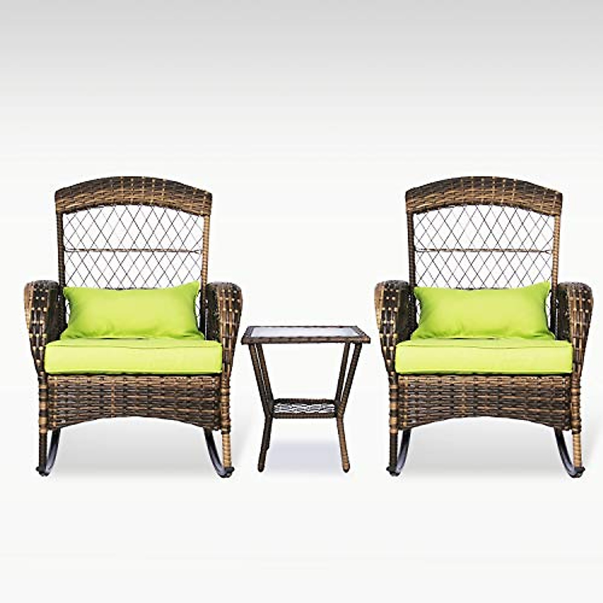 ENSTVER 3 Pieces Patio Conversation Set w/ 2 Rattan Wicker Rocking Chairs and Glass Table,for Garden Backyard Lown Porch (Green)