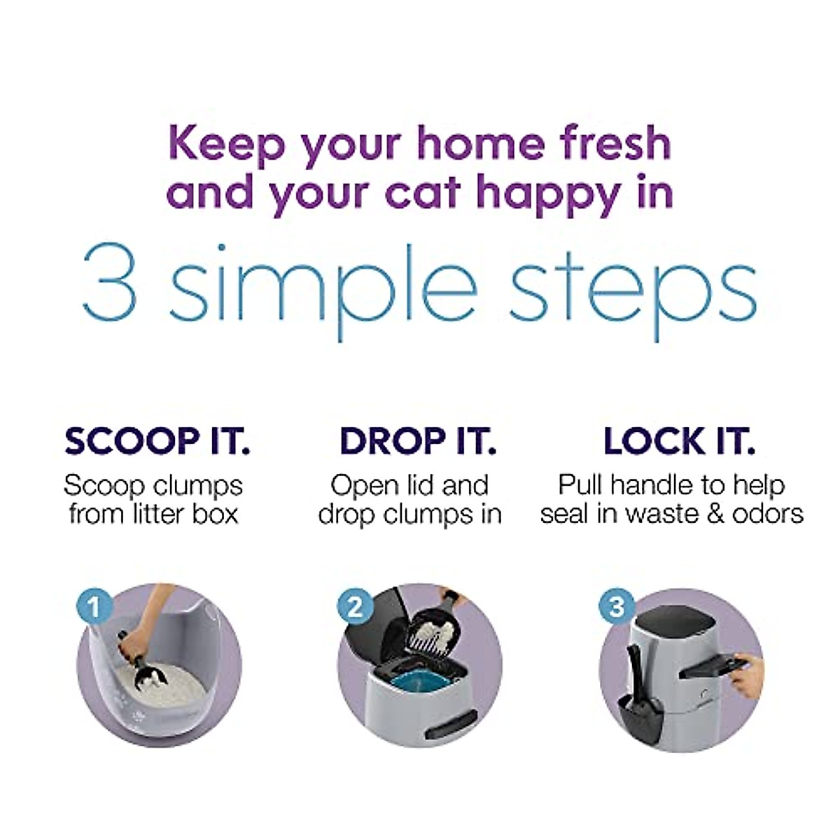 Litter Genie Standard Pail (Silver) | Cat Litter Box Waste Disposal System for Odor Control | Includes 1 Square Refill Bag