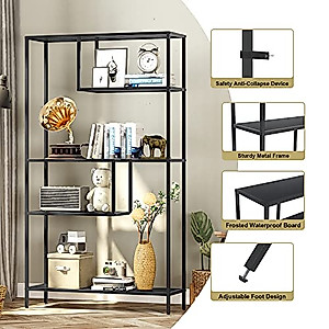HOME BI Bookshelf,4 Tier Metal Frame Bookcase, Tall Book Shelf,Open Display Shelves for Office, Study Room, Living Room,Black 13" D x 39.37" W x 70.08" H