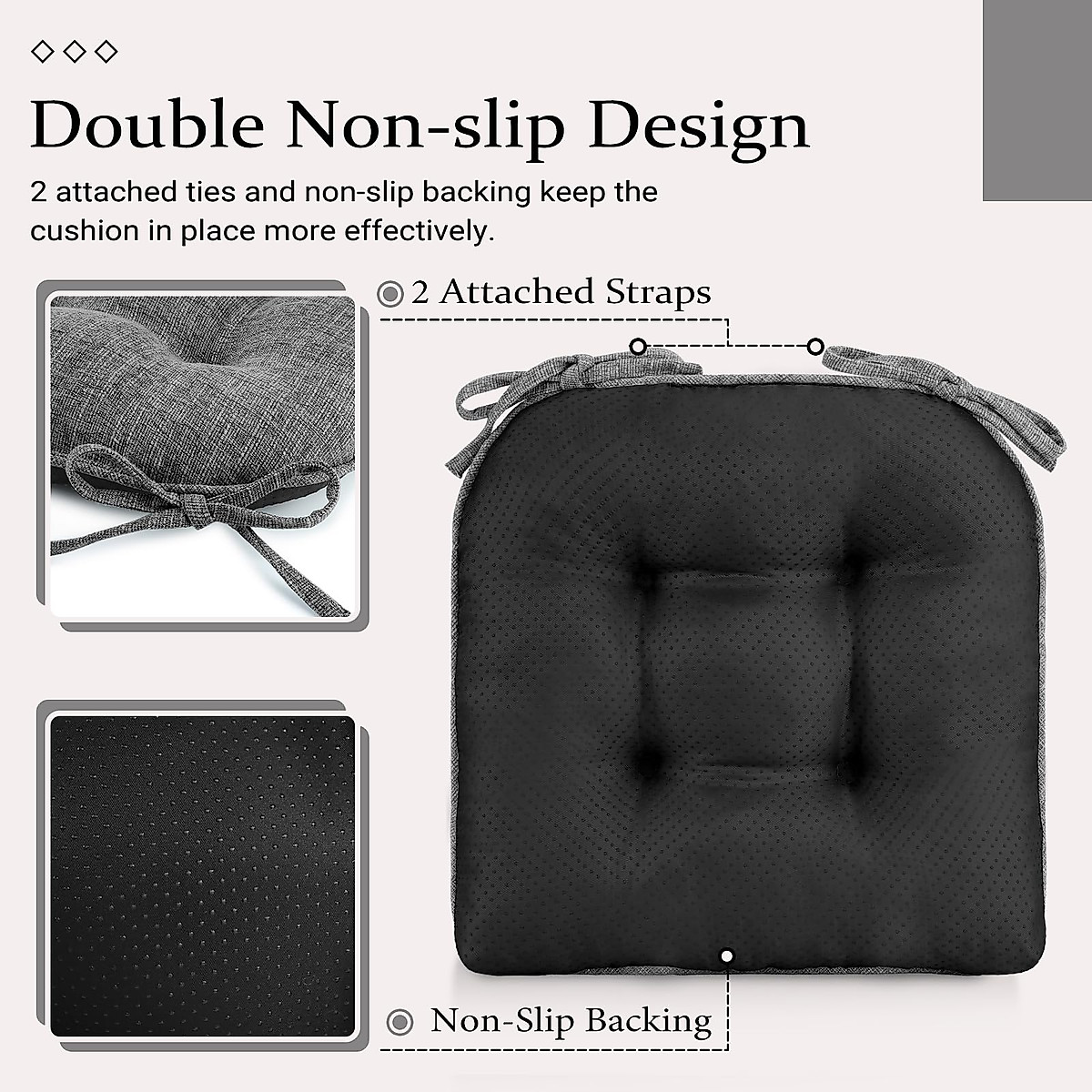 Wellsin Chair Cushions for Dining Chairs 4 Pack, 15.5" X 15.5" Kitchen Chair Cushions with Ties and Non-Slip Backing, Tufted Shredded Memory Foam Kitchen Chair Pads, Dark Gray