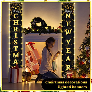 Irenare Lighted Christmas Banner Decorations with LED Light Merry Christmas Front Porch Sign Snowman Gnome Hanging Door Banner for Winter Xmas Holiday Party Outdoor Decor(Cool)