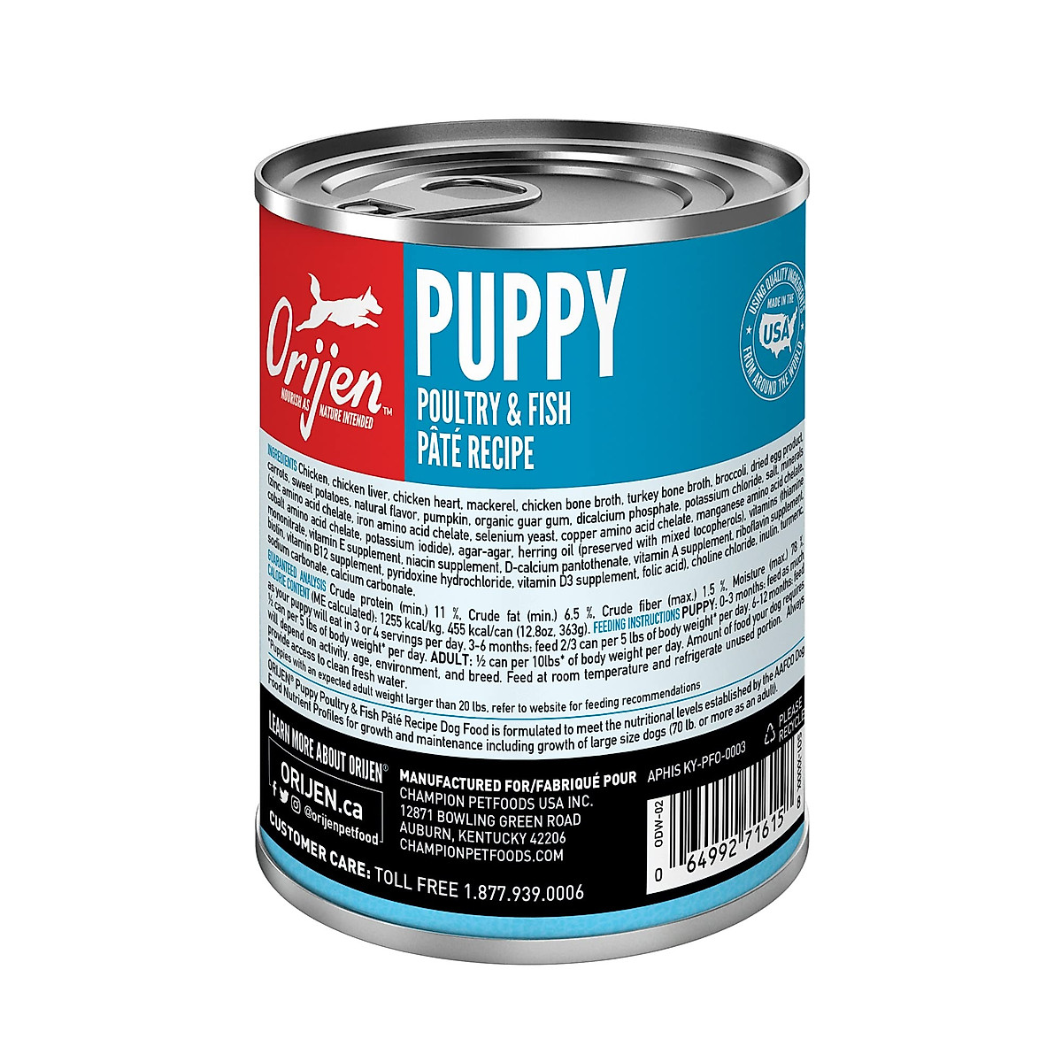 ORIJEN Puppy Poultry & Fish Pate Recipe Wet Dog Food, Pate Dog Food for Puppies, WholePrey Ingredients, 12.8oz (Case of 12)