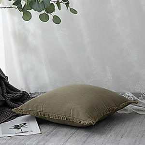 Linen Fringed Throw Pillow Cover - Soft Cozy Boho Cushion Covers with Tassel for Couch Sofa Farmhouse Natural Decor Burlap Pillowcase, Green 18x18 Inches