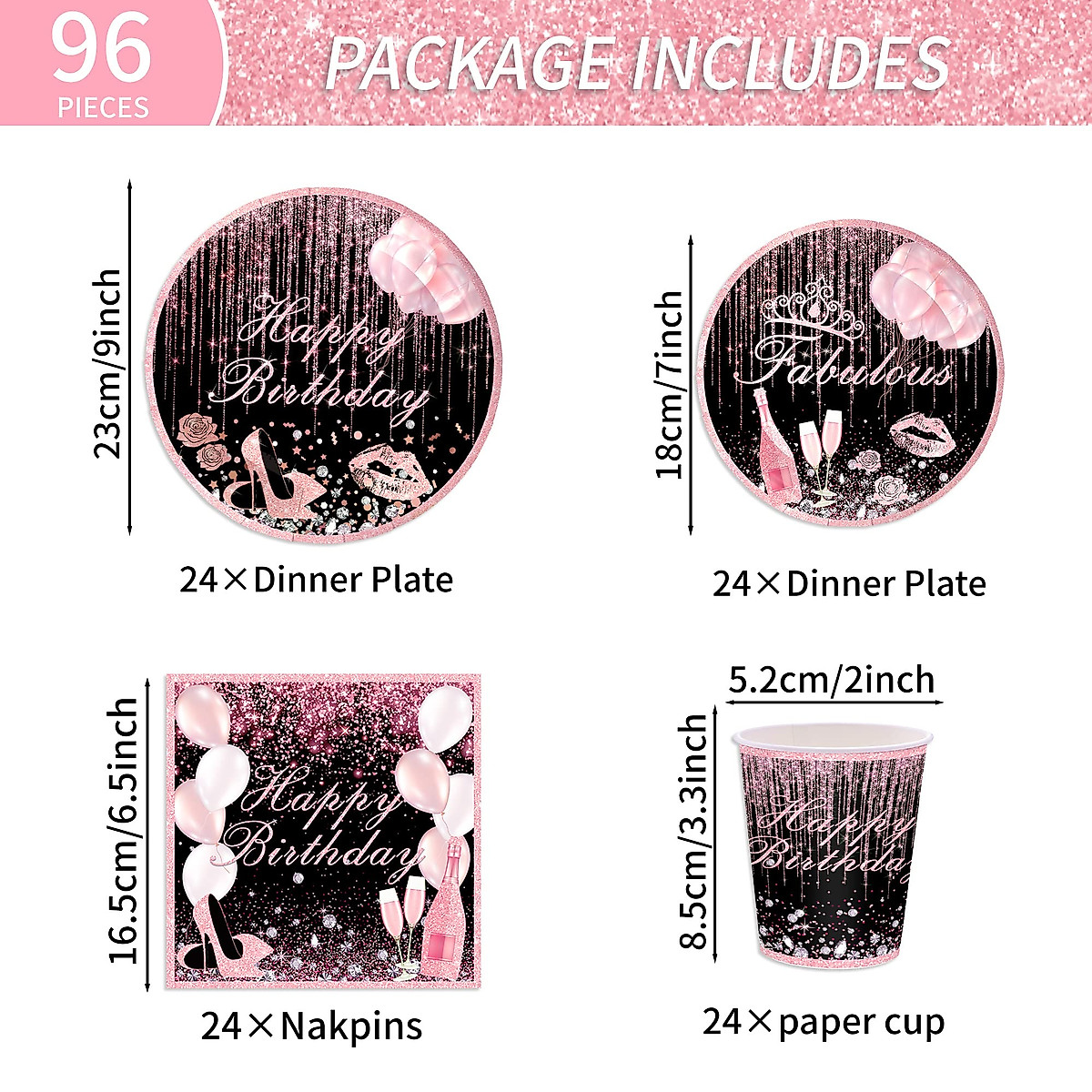 Oigco Women Rose Gold Black Birthday Party Plates Napkins Birthday Party Supplies Pink Girls Paper Tableware Set Birthday Decorations 24 Guests