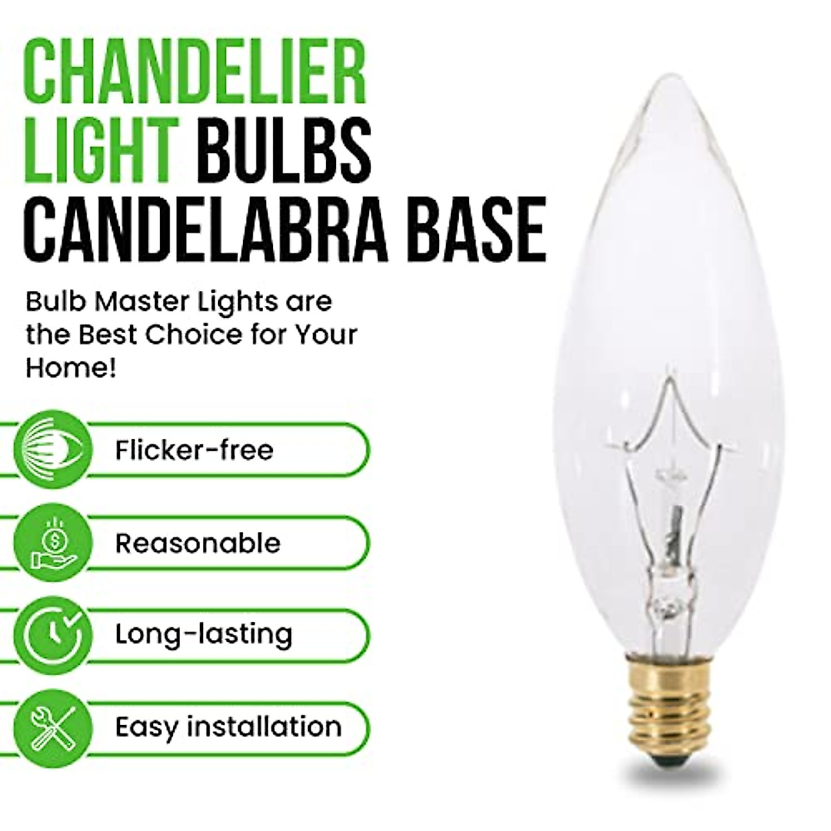 BULBMASTER 15 Watts Blunt Tip Decorative Light Bulbs Chandelier Light Bulb Candelabra Base Torpedo Clear Straight Dimmable Incandescent Light Bulbs, E12 Base Lamps Pack of 12