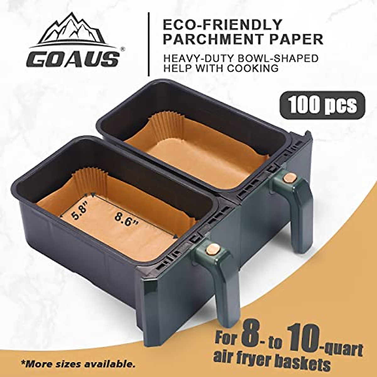 GOAUS Air Fryer 100 Pcs Rectangular Paper Liners Disposable for Dual Air Fryer with 2 Baskets 8 Qt and above, 8.6x5.5 inches Parchment Paper Rectangle, Fit Ninja DZ201 DZ401 IG651