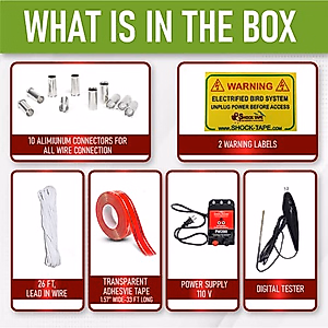 Shock Tape kit for Pigeon & Bird Control - Bird Trainer Solution for Keeping Birds Away from Rooftops, Patios, Windowsills Fences - Durable Shock Tape & Electronic Charger Kit- Spikes Alternative.