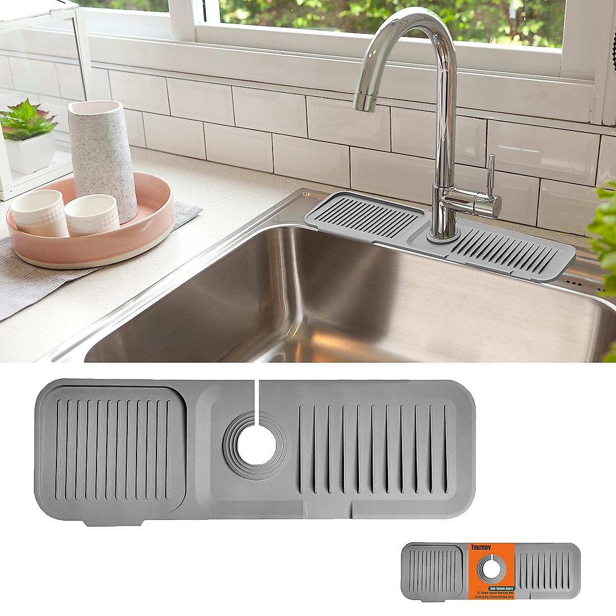 Silicone Kitchen Sink Splash Guard Faucet Mat (17.7" x 5.5"), 5° Slope Faucet Draining Mat, Faucet Handle Drip Catcher Tray Sink Drain Faucet Pad Behind Faucet for Kitchen & Bathroom Countertop