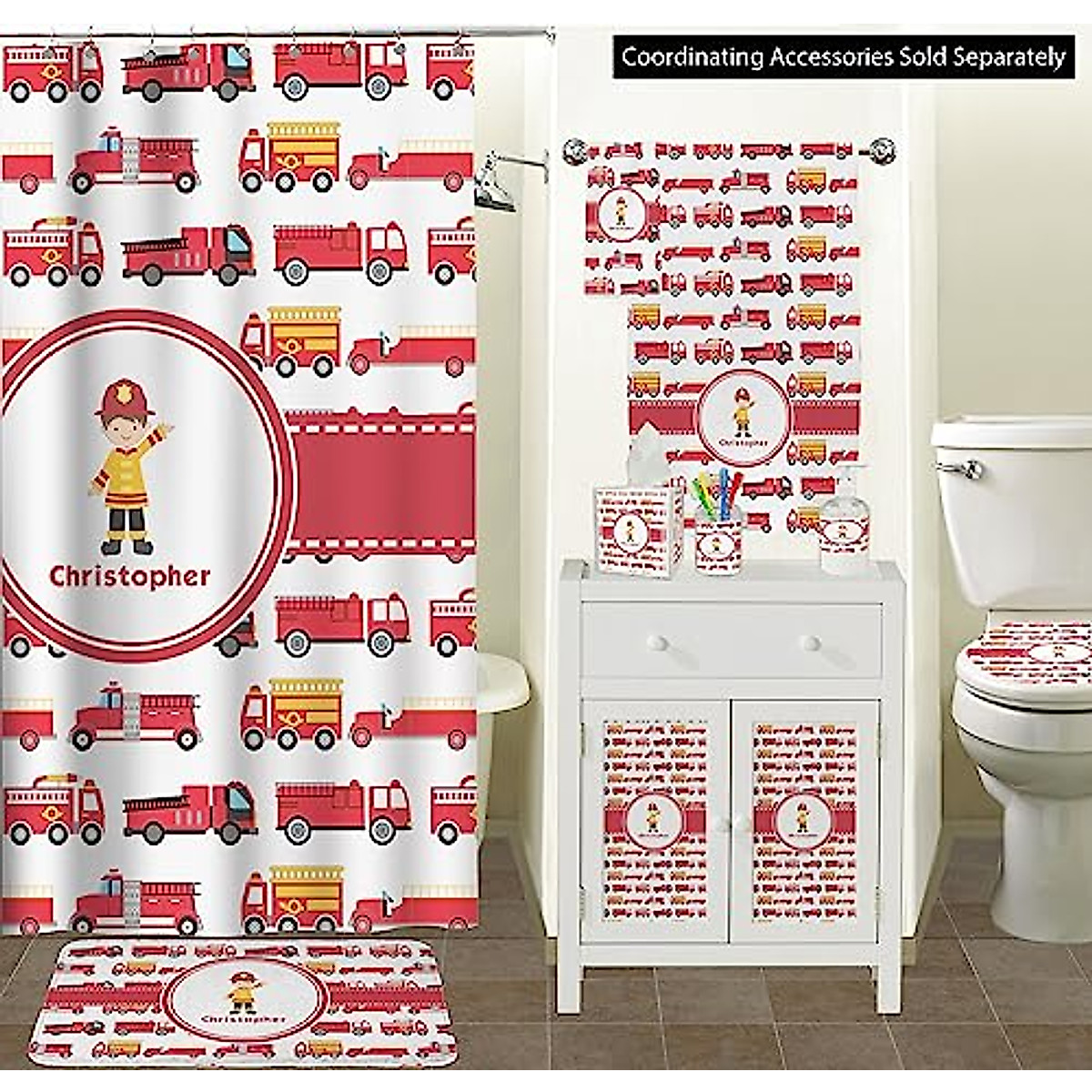 RNK Shops Firetrucks Waste Basket - Double Sided (Black) (Personalized)