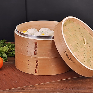 Dasoguy Deepen 10.2 Inch Handmade Wood Steamer with Stainless Steel Rings, 2 Tiers Steam Basket for Dumpling Dim Sum Bun Rice Chinese Food, Present 2 Cotton Liners