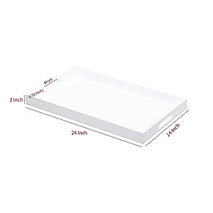 KEVJES Large White Acrylic Serving Tray with Handles-14x24x2 Inch Big Size Spill Proof Tray for Ottoman,Coffee Table, Breakfast, Tea, Food, Butler -Safe Edge Organizer Tray Decorative Tray
