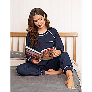 Ekouaer Pajamas Set for Women Soft Comfy Pjs Sets Long Sleeve Sleepwear Loungewear S-XXL Navy Blue
