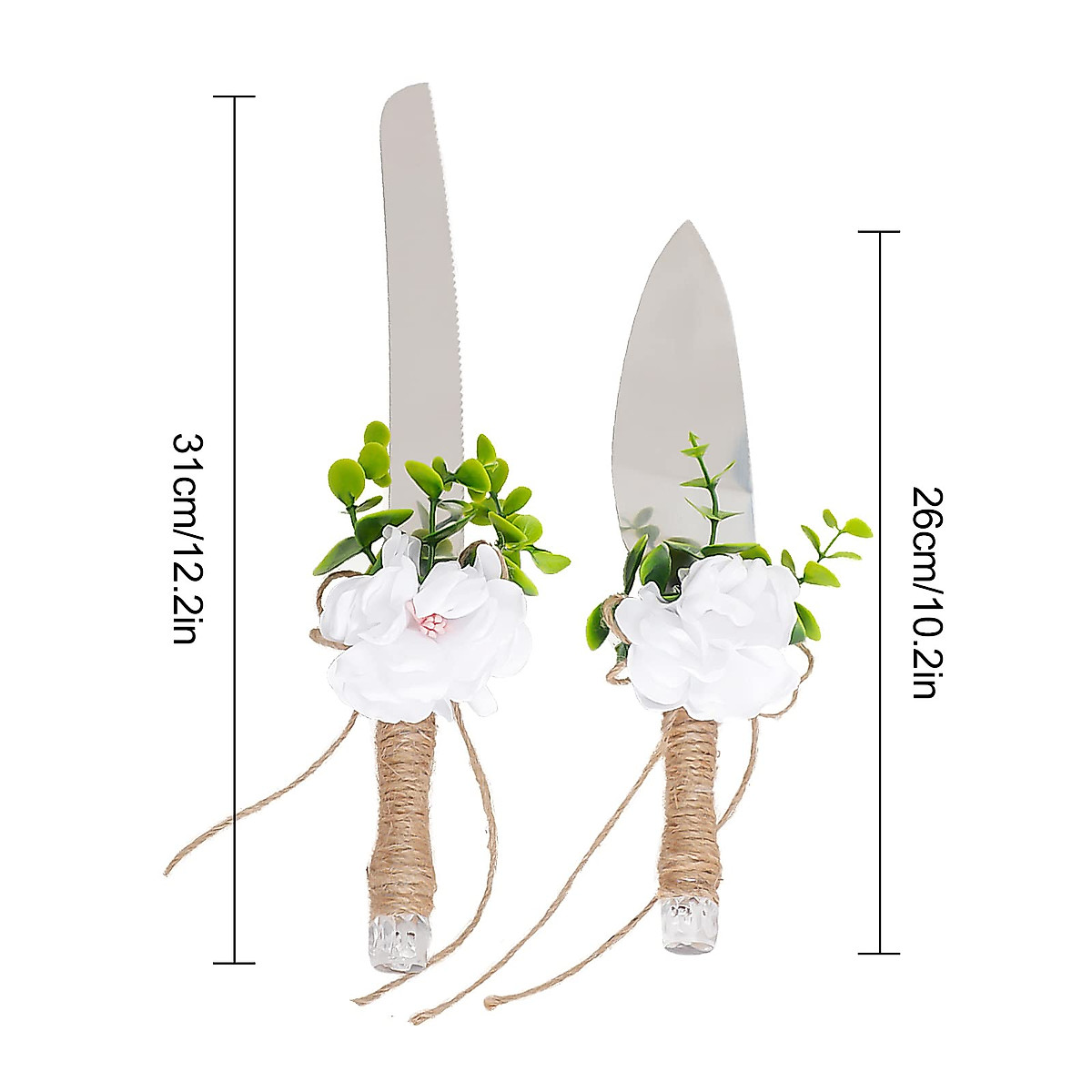 Wedding Cake Knife and Server Set of 2, Rustic Style Stainless Steel Bride and Groom Cake Cutting Utensils with Eucalyptus Leaves and White Roses, Pie Cake Pizza Shovel Cutter, A