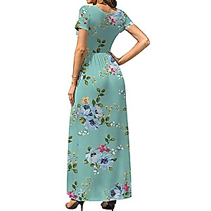 DB MOON Womens 2023 Casual Summer Maxi Dresses Short Sleeve Empire Waist Spring Long Dress with Pockets(Mint Green Floral, M)
