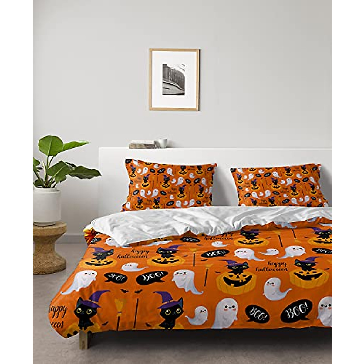 Halloween Orange Pumpkin Ghost Face Duvet Cover Sets 4 Piece Twin Ultra Soft Bed Quilt Cover Set for Kids/Teens/Women/Men,Cute Black Cat Ghost Seamless Bedding Collection All Season Use