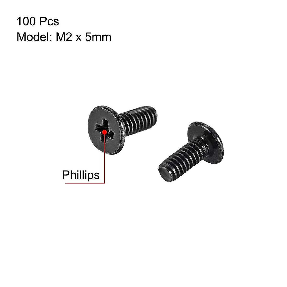 uxcell M2x5mm Phillips Screw Fastener Black 3.8mm Dia Screw Head for Laptop PC TV Fan Switch 100pcs