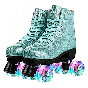 Comeon Roller Skates for Women PU Leather Roller Skates High-Top Leather for Beginners Teens for Woman,Girls and Boys,Adult (Green crystal,flash wheel,250/uk5.5/eur38)