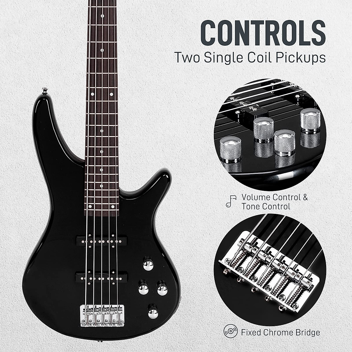 Ktaxon 5 String Electric Bass Guitar, Full Size Standard Right Handed Rosewood Fretboard Bass Kit with Strap, Cable, Pick, Wrench Tool (Black)