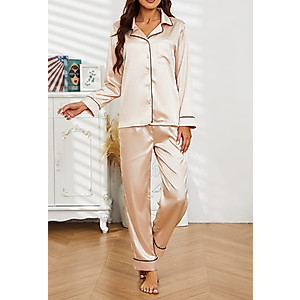 U2SKIIN Women Silk Pajamas Set, Long Sleeve Satin Pajamas for Women Sleepwear Button Down Pjs Set Two-piece(Champagne, L)
