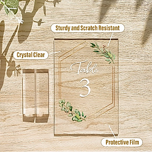 OurWarm Acrylic Wedding Table Numbers 1-10 with Stands, 4x6 inches Clear Sign Wedding Place Card, Eucalyptus Acrylic Sign for Wedding Reception Anniversary Baby Bridal Shower Birthday Table Setting
