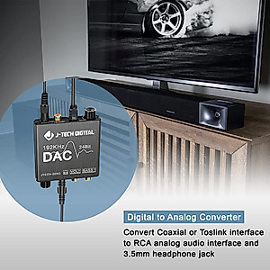 J-Tech Digital Digital to Analog Audio Converter with Headphone Amplifier & Bass, Volume Control | 192kHz 24bit Optical Coaxial RCA 3.5mm [JTECH-D2A3]
