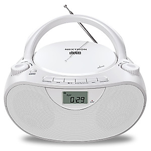 Nextron Portable Stereo CD Player Boombox with AM/FM Radio, Bluetooth, USB, AUX-in, Headphone Jack, CD-R/RW and MP3 CDs Compatible, Clear and Full Sound with Bass Boost, AC/Battery Operated – White