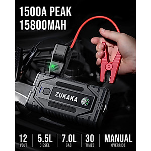 ZUKAKA Car Jump Starter 1500A Peak 15800mAh Battery Starter Up to 7L Gas and 5.5L Diesel Engine 12V Auto Jump Starter Box Power Bank with USB and Type C Port Jump Box with LED Light