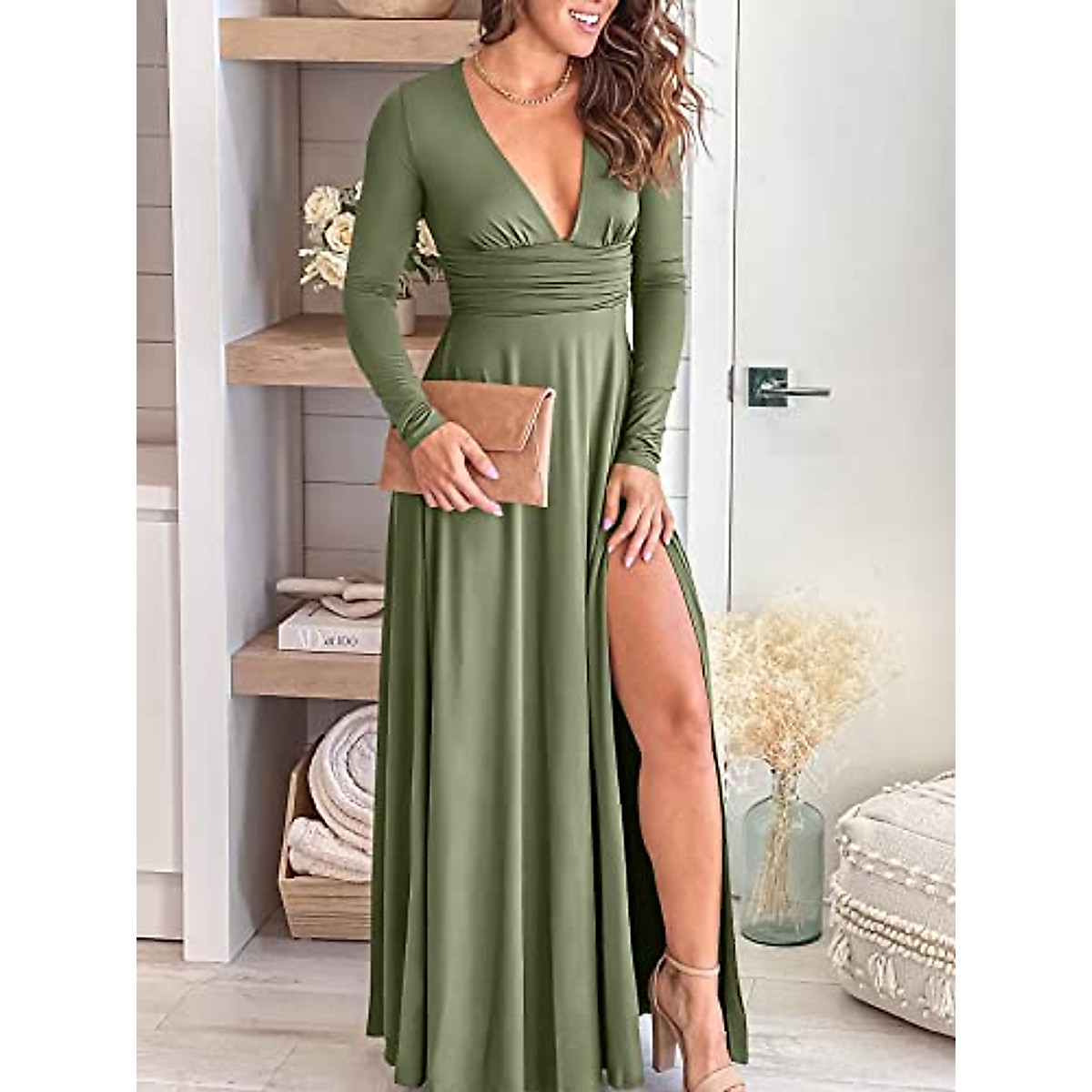 ANRABESS Women's Long Sleeve Sexy Deep V Neck High Waist Slit Cocktail Party Evening Maxi Dress Semi Formal Wedding Guest Prom Dresses 2023 Elegant Graduation Dress 586-junlv-L