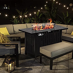 EMBRANGE Gas Fire Pit 43 Inch Propane Fire Pits, Pulse Ignition 50,000 BTU Steel Fire Pit with Glass Wind Guard, Waterproof Cover,Glass Stone, Add Ambience to Gatherings on Patio Garden Backyard