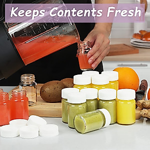 Syntic 16 Pack 2.5 Oz Wide Mouth Juice Shot Bottles with 16 Sealed Press Screw Caps & 8 Airtight Lids! Small Glass Ginger Shot Bottles for Oil, Ginger, Travel Bottle, Reusable and Dishwasher Safe