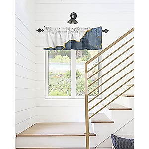 WARM TOUR Curtain Valance for Windows Ink Blue White Marble Gradient Kitchen Valances Rod Pocket Short Curtains,Gold Edge Abstract Art Window Treatment Panel for Living Room Bathroom Bedroom 42x12in