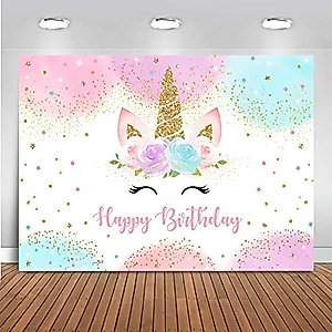 Mocsicka Rainbow Unicorn Backdrop Happy Birthday Party Decorations for Girls Watercolor Floral Glitter Stars Dots UnicornCake Table Banner Supplies Studio Props (5x3ft)