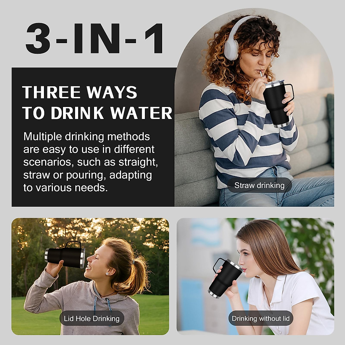 GUDEMAO 30 oz Tumbler with Handle, Stainless Steel Insulated Tumbler with Lid and Straw, Double Wall Vacuum Insulated Coffee Mug Tumbler, Insulated Coffee Thermal Cup for Cold and Hot (Black)