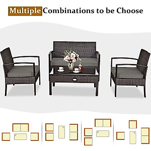 HOMGX 4 Piece Patio Furniture Set, Outdoor Modern Wicker Rattan Conversation Set w/Tempered Glass Top Coffee Table & 3 Padded Cushions for Backyard, Garden and Courtyard