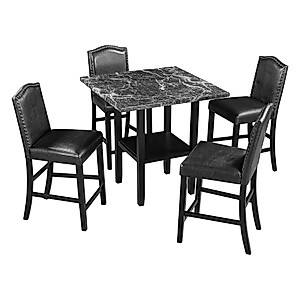Bellemave Counter Height Dining Table Set with Storage Shelf 5 Piece Bar Height Faux Marble Table and Chairs Dinning Room Breakfast Table Set Pub Table and Chairs Set of 4, Black Chair+Black Table