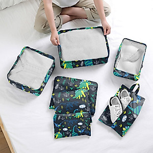 BHAHB Packing Cubes for Kids 7 Set Travel Luggage Organizers for Suitcase Travel Accessories with Shoe Bag for Women Girls Cute Aesthetic Art-Green Dinosaur