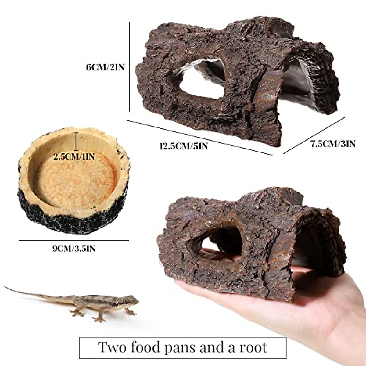 Reptile Hide, Reptile Food Bowls, Lizard Resin Hollow Tree Trunk Hideout, Bearded Dragon Tank Accessories Reptile Water Dish Habitat Tank Decoration for Lizards, Snake, Gecko, 3 Pcs (Brown Rock)