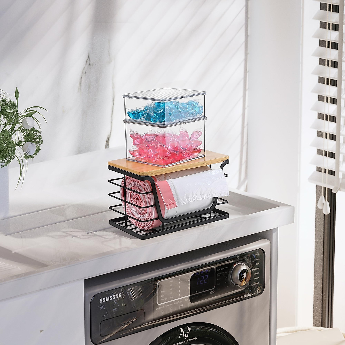 ALOCEO Small Trash Bag Holder with Bamboo Top, Wall Mount Stackable Standard Garbage Bag Dispenser for Laundry Room Organization and Storage