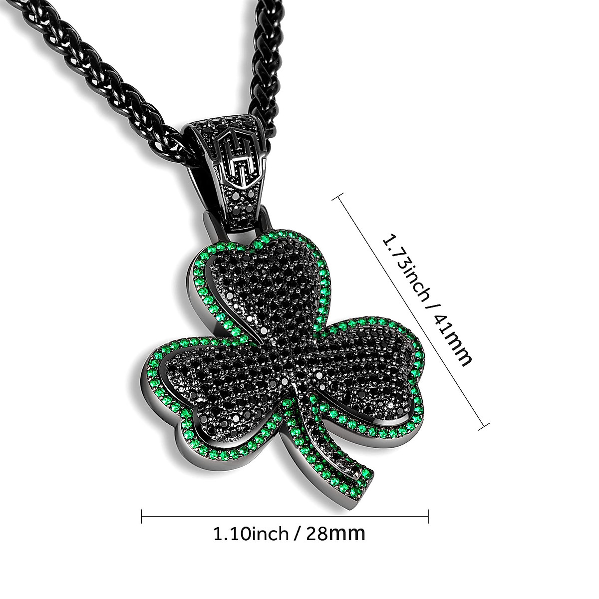 HELLOICE Three Leaf Clover Necklace Iced Out 5A CZ Diamond Clover Pendant 18k Gold Plated with 3mm 24" Chain for Women Men (Black)