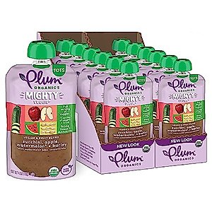Plum Organics | Mighty Veggie Blends | Organic Baby Food Meals [12+ Months] | Zucchini, Apple, Watermelon & Barley | 4 Ounce Pouch (Pack Of 12)