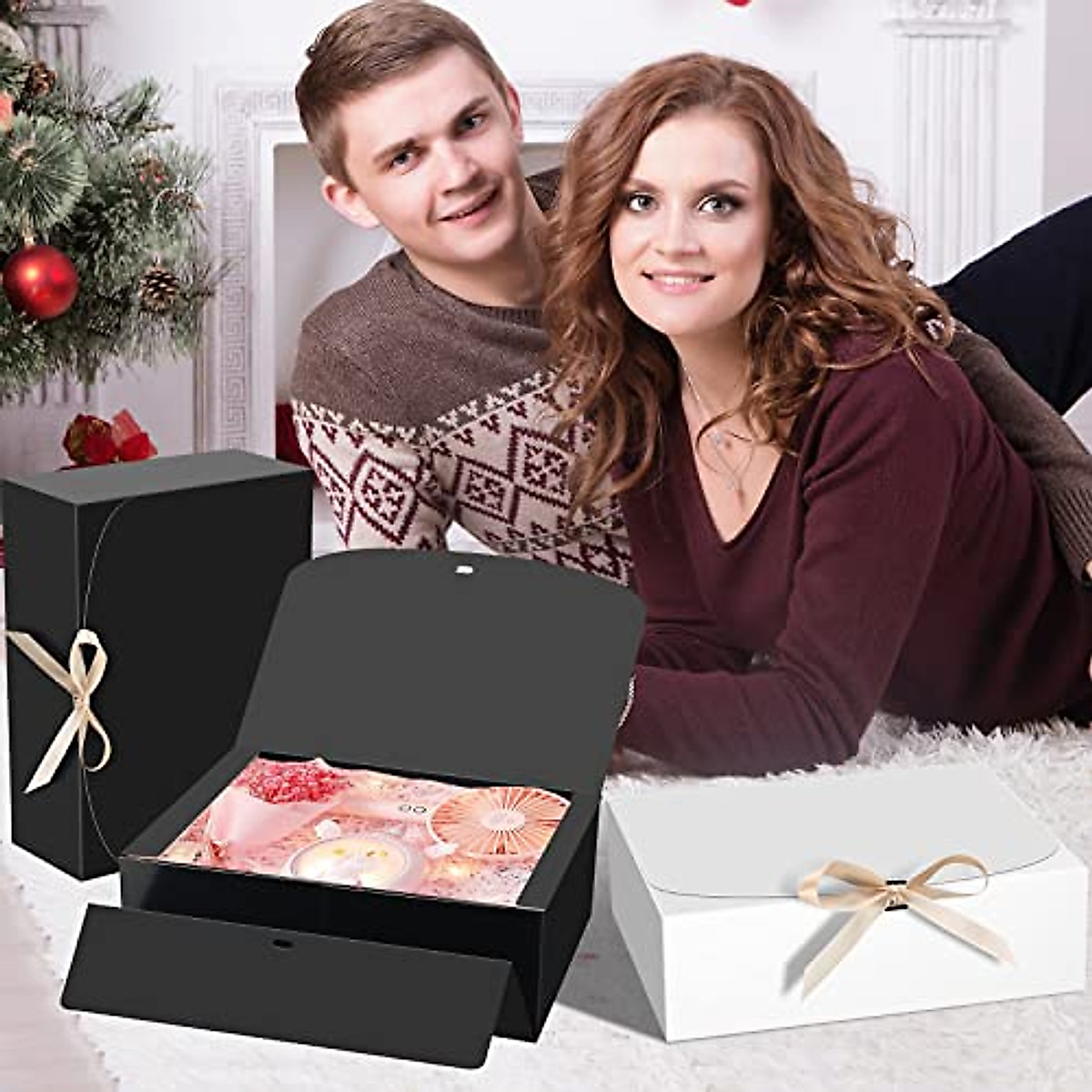 ZSPENG 12PCs Gift Boxes with Lids,12x9x4 inches Black Gift Boxes with Ribbons, Bridesmaid Proposal Box,Kraft Paper Gift Box for Wedding, Packaging, Present, Birthday, Cupcake Boxes, Crafting.