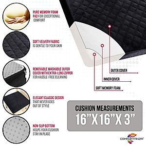 COMFORTANZA Chair Seat Cushion - 16x16x3 Memory Foam Square Thick Non-Slip Chair Pads for Kitchen, Dining, Office Chairs and Car Seats - Comfort and Back Pain Relief - Soft - Black